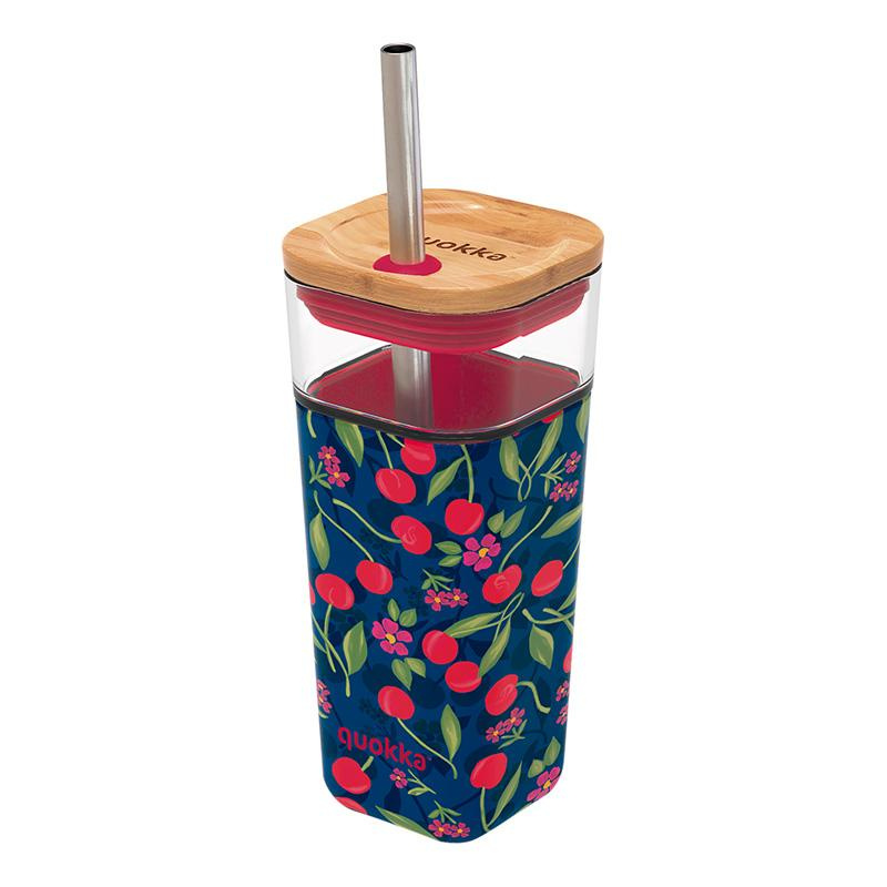 Quokka Liquid Cube - Glass mug 540 ml with stainless steel straw (Cherries) | Sports and tourism ...